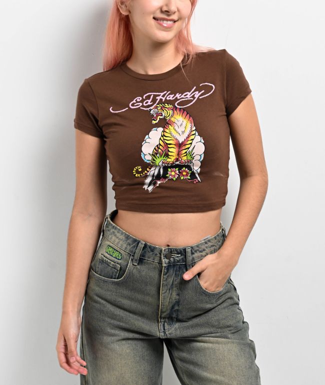 Ed Hardy Tiger Cloud Brown Crop T-Shirt - Ed Hardy