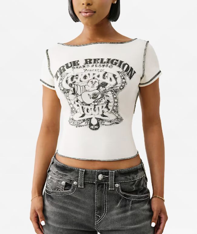 True Religion Heritage White Slash Neck Crop T-Shirt - True Religion