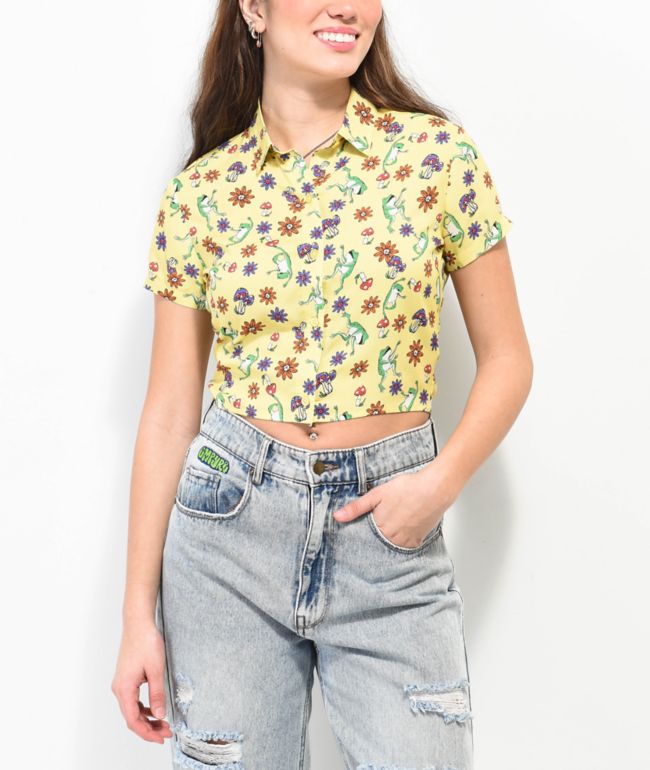 A-Lab Goldie Frog Print Yellow Crop Shirt