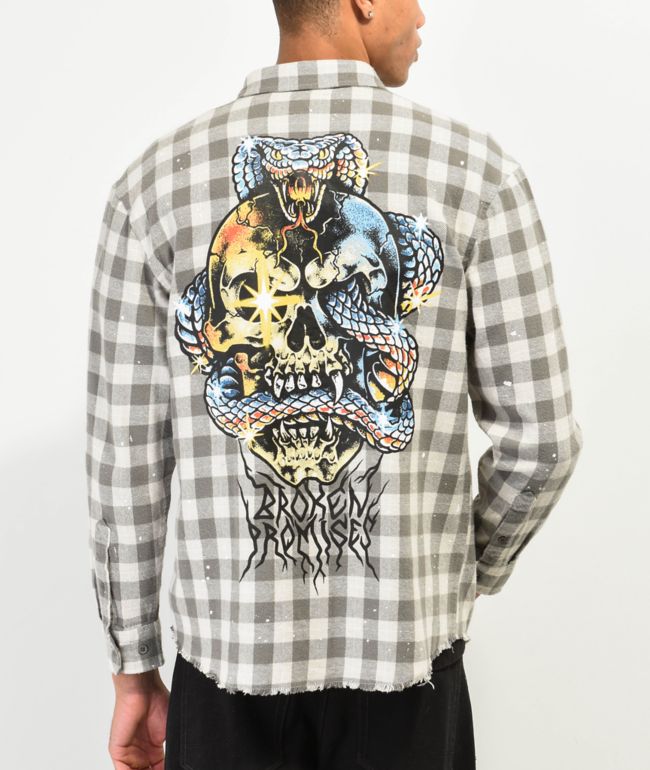 Broken Promises Corn Snake Grey Distressed Flannel Shirt
