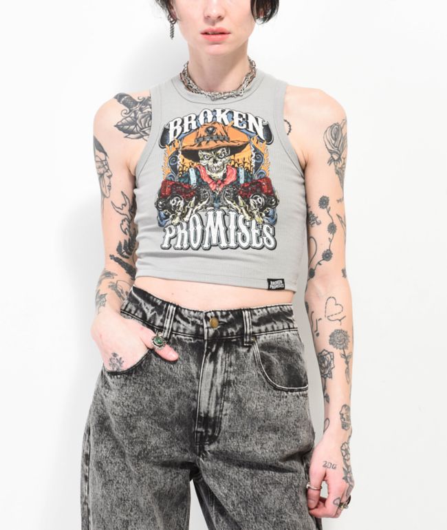 Broken Promises Scarecrow Grey Ribbed Crop Tank Top