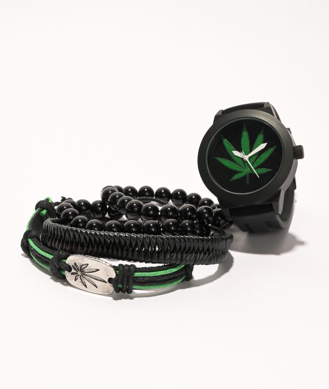 Weed Print Black & Green Analog Watch Set