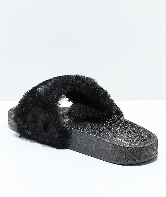 Trillium Black Fur Slide Sandals | Zumiez