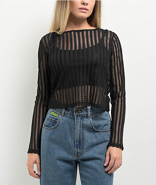 24COLOURS Sheer Striped Black Long Sleeve Top | Zumiez