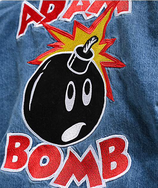 Adam Bomb Not Atom Bomb Blue & Natural Denim Varsity Jacket | Zumiez