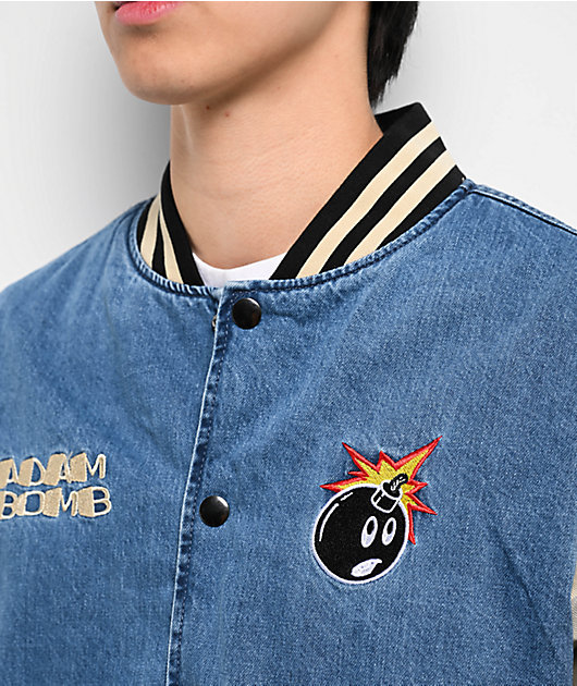Adam Bomb Not Atom Bomb Blue & Natural Denim Varsity Jacket | Zumiez
