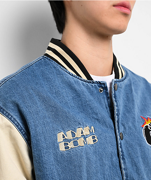 Adam Bomb Not Atom Bomb Blue & Natural Denim Varsity Jacket | Zumiez