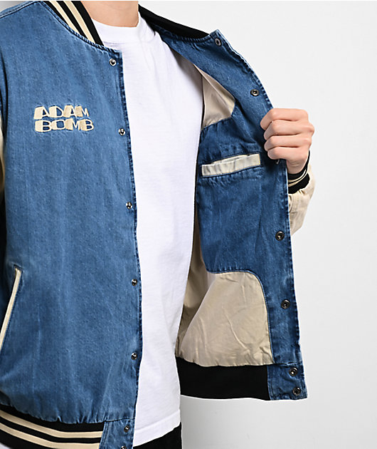 Adam Bomb Not Atom Bomb Blue & Natural Denim Varsity Jacket | Zumiez