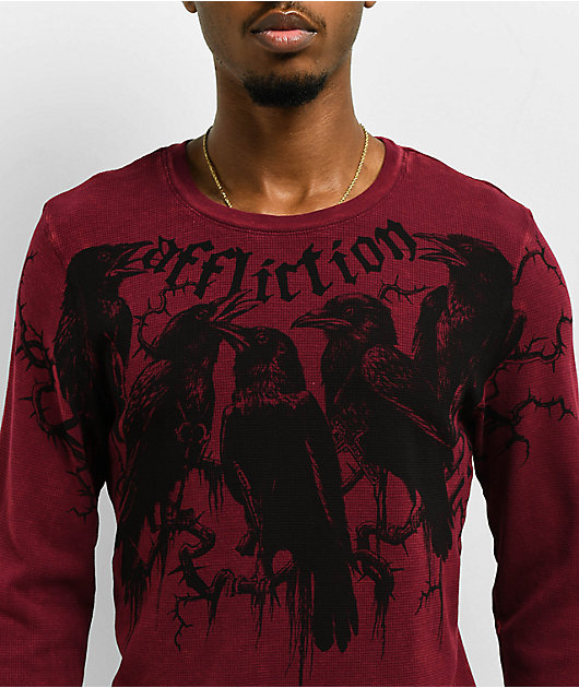 Affliction Crows Burgandy Lava Wash Thermal Long Sleeve T-Shirt | Zumiez