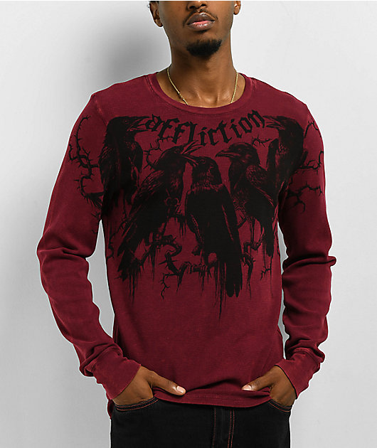 Affliction Crows Burgandy Lava Wash Thermal Long Sleeve T-Shirt | Zumiez