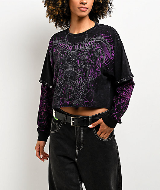 Affliction Darkness Falls Black Wash 2Fer Long Sleeve Crop T-Shirt | Zumiez