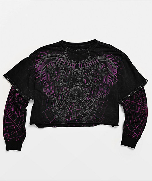 Affliction Darkness Falls Black Wash 2Fer Long Sleeve Crop T-Shirt | Zumiez