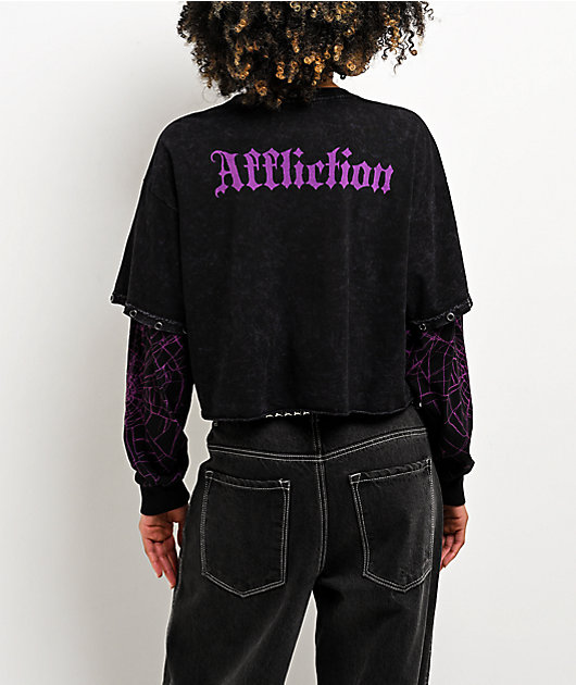 Affliction Darkness Falls Black Wash 2Fer Long Sleeve Crop T-Shirt | Zumiez