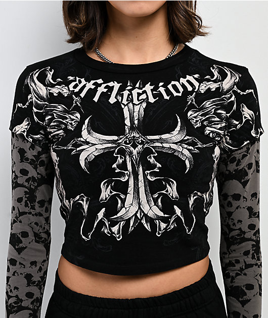 Affliction Jump Black 2Fer Long Sleeve Crop T-Shirt | Zumiez