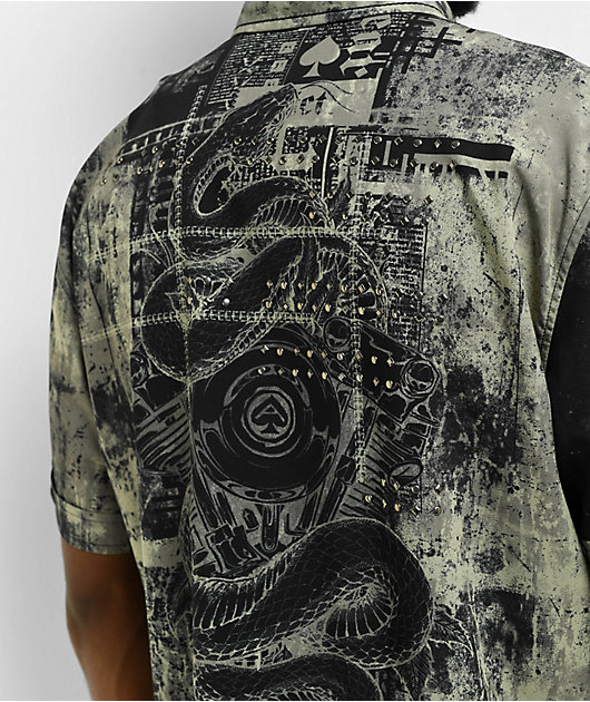 Affliction Motorway Chaos Charcoal Wash Short Sleeve Button Up Shirt ...