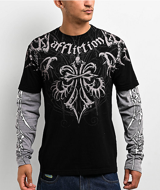 Affliction Skeleton Black Lava & Grey 2fer Long Sleeve T-Shirt | Zumiez