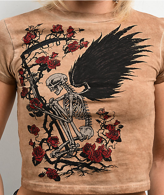 Affliction Winged Reaper Mineral Wash Brown Crop T-Shirt | Zumiez