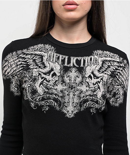 Affliction Winged Up Black Thermal Long Sleeve Crop T-Shirt | Zumiez