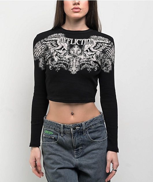 Affliction Winged Up Black Thermal Long Sleeve Crop T-Shirt | Zumiez