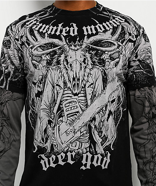 Affliction x Haunted Mound Deer God Black Wash & Grey 2Fer Long Sleeve ...