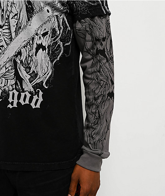 Affliction x Haunted Mound Deer God Black Wash & Grey 2Fer Long Sleeve ...