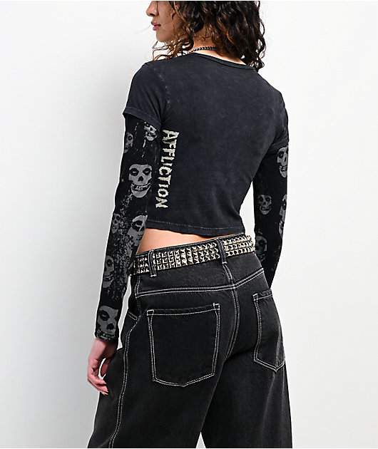 Affliction x Misfits Shackles Black Wash 2fer Long Sleeve Crop T-Shirt ...
