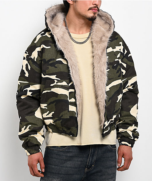 American Stitch Camo Canvas Hooded Crop Jacket | Zumiez