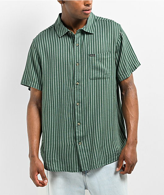 Brixton Charter Herringbone Green Stripe Short Sleeve Button Up Shirt ...