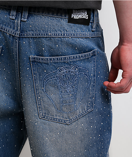 Broken Promises Enamored Rhinestone Blue Wash Loose Fit Jeans | Zumiez