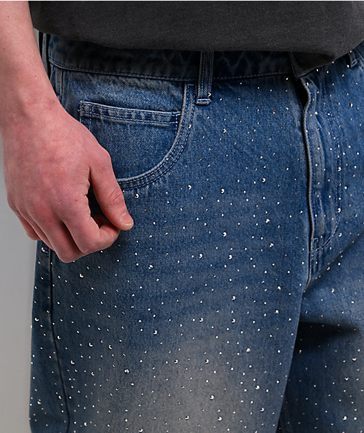 Broken Promises Enamored Rhinestone Blue Wash Loose Fit Jeans | Zumiez