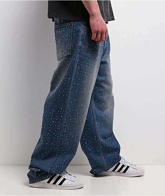 Broken Promises Enamored Rhinestone Blue Wash Loose Fit Jeans | Zumiez