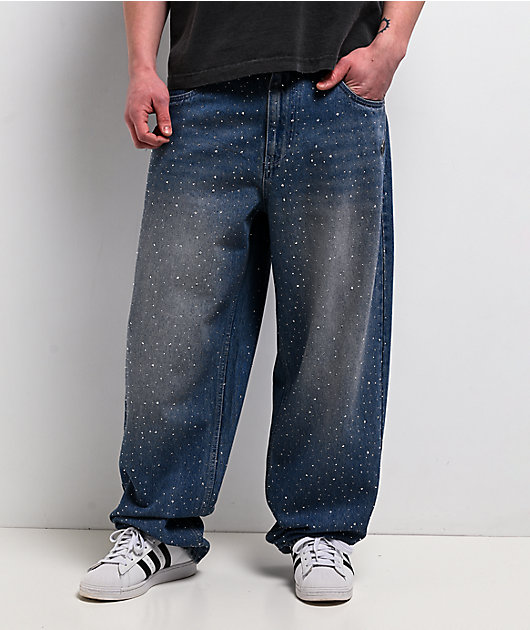 Broken Promises Enamored Rhinestone Blue Wash Loose Fit Jeans | Zumiez