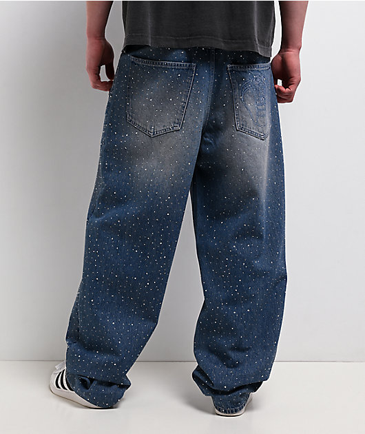 Broken Promises Enamored Rhinestone Blue Wash Loose Fit Jeans | Zumiez