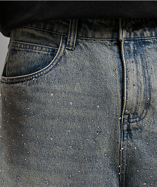 Broken Promises Enamored Rhinestone Light Blue Wash Loose Fit Shorts ...