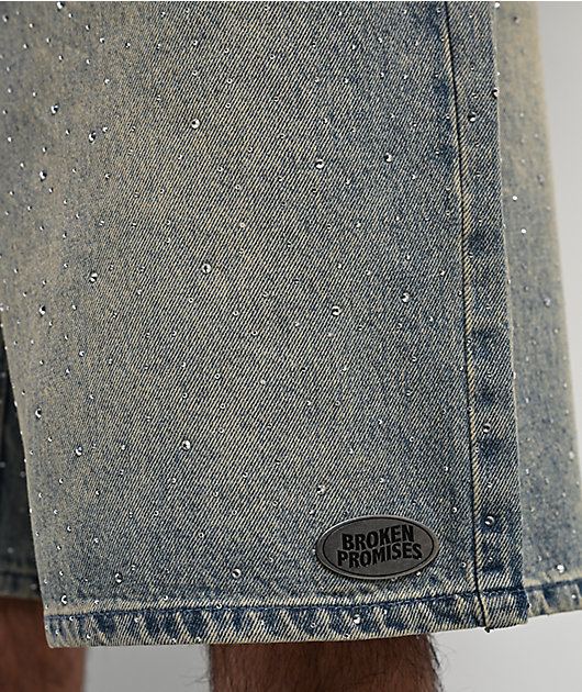 Broken Promises Enamored Rhinestone Light Blue Wash Loose Fit Shorts ...