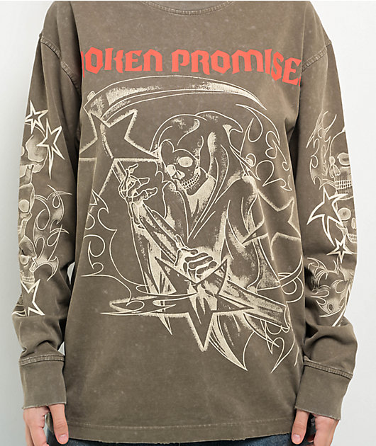 Broken Promises Fear The Reaper Grey Wash Long Sleeve T-Shirt | Zumiez