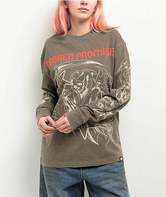 Broken Promises Fear The Reaper Grey Wash Long Sleeve T-Shirt | Zumiez