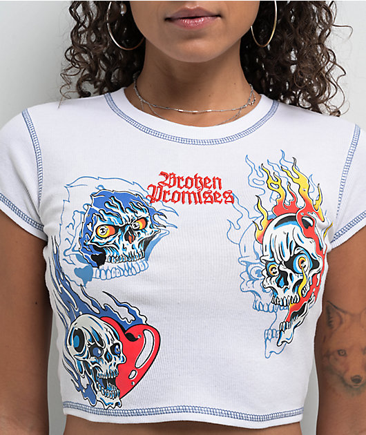 Broken Promises Skelephobia White Ribbed Crop T-Shirt | Zumiez
