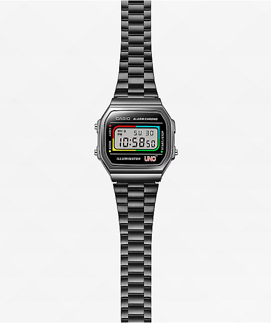 Casio x UNO A168WEUC-1A Black & Gun Metal Vintage Digital Watch | Zumiez