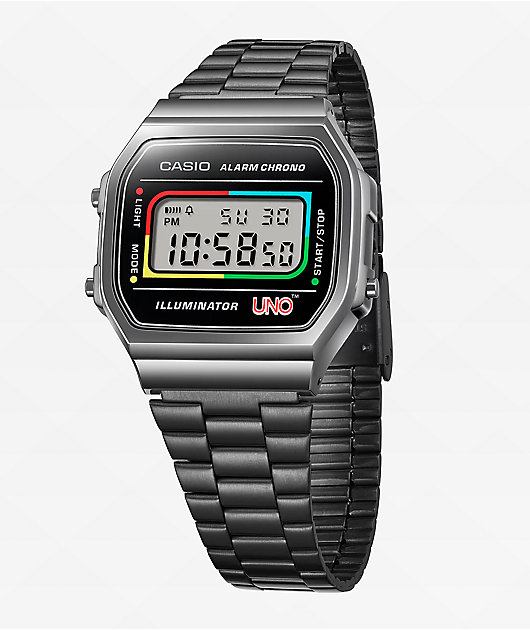 Casio x UNO A168WEUC-1A Black & Gun Metal Vintage Digital Watch | Zumiez