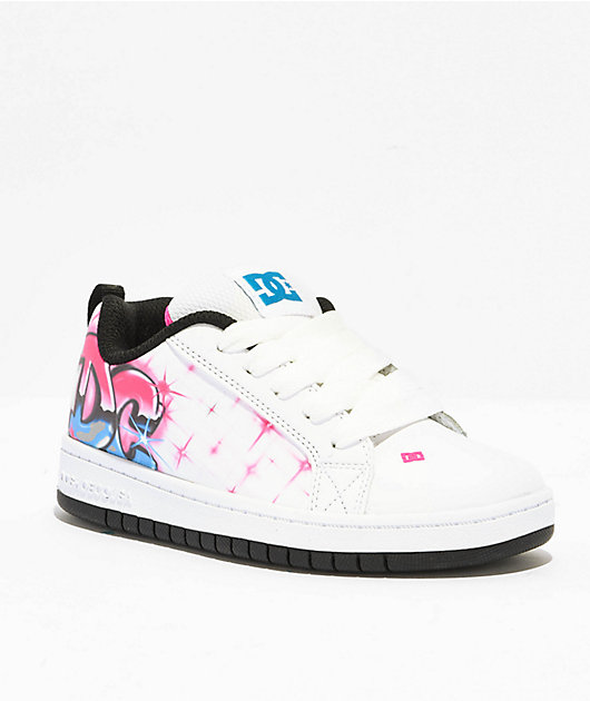 DC Court Graffik Pink, White & Blue Skate Shoes | Zumiez