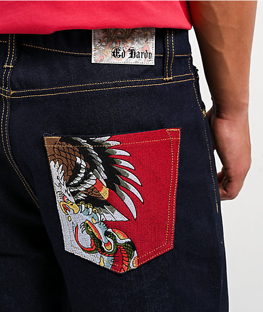 Ed Hardy Battle Skull Blue Baggy Raw Denim Jeans | Zumiez