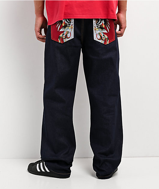 Ed Hardy Battle Skull Blue Baggy Raw Denim Jeans | Zumiez