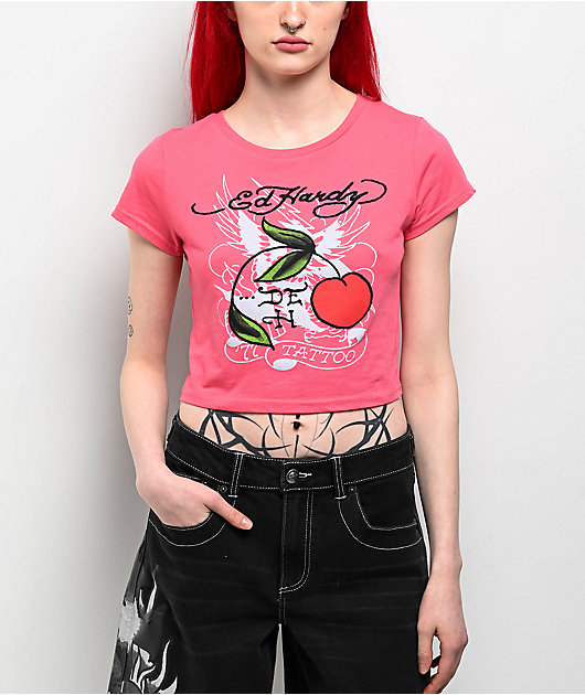 Ed Hardy Cherry Hot Pink Crop T-Shirt | Zumiez