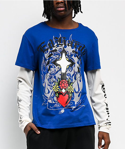 Ed Hardy Cross Heart French Blue & White 2fer Long Sleeve T-Shirt | Zumiez