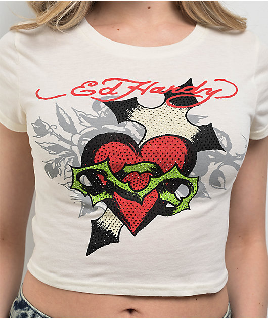 Ed Hardy Cross Heart Ivory Crop T-Shirt | Zumiez