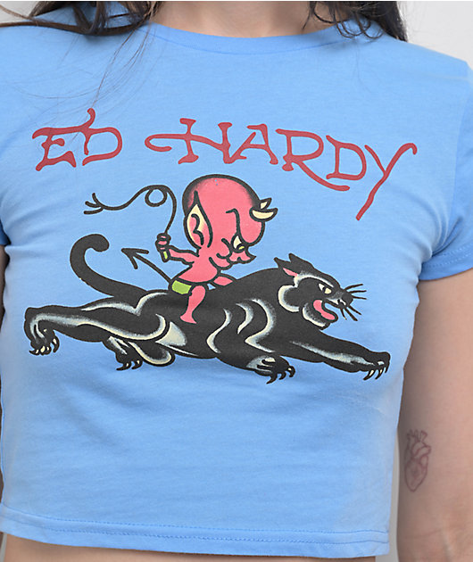 Ed Hardy Devil Panther Powder Blue Crop T-Shirt | Zumiez