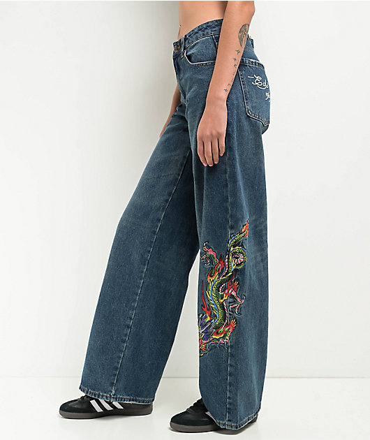Ed Hardy Dragon Blue Wide Leg Denim Jeans | Zumiez