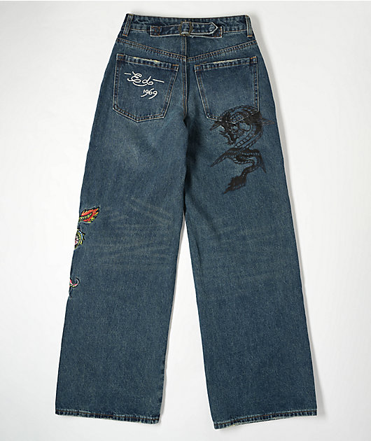 Ed Hardy Dragon Blue Wide Leg Denim Jeans | Zumiez