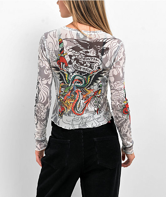 Ed Hardy Dragon Dagger White Mesh Long Sleeve Crop Top | Zumiez